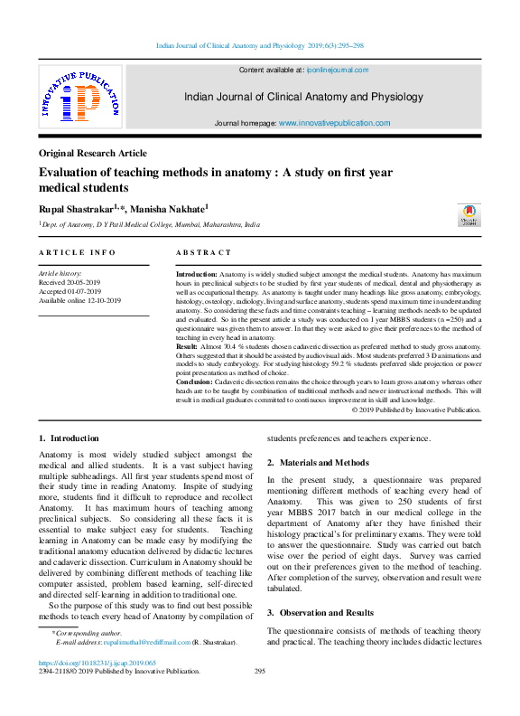 (PDF) Evaluation of teaching methods in anatomy : A study on first year ...