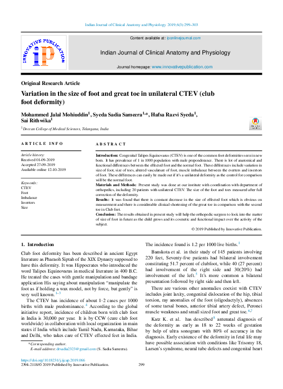 (PDF) Variation in the size of foot and great toe in unilateral CTEV ...
