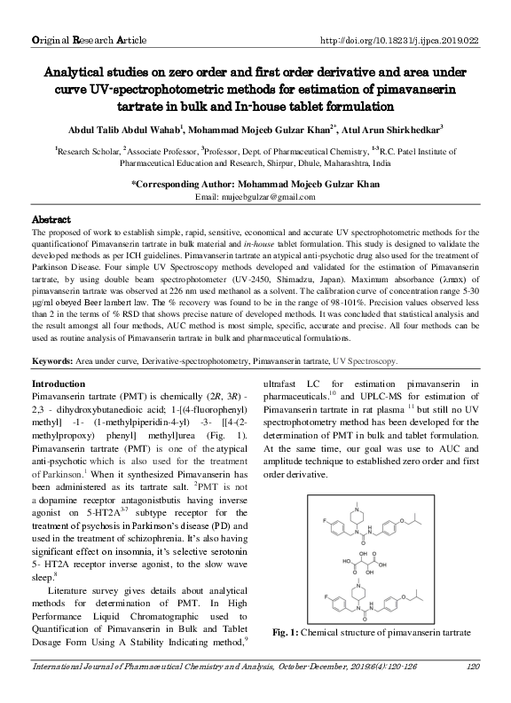 (PDF) Analytical studies on zero order and first order derivative and area under curve UV ...