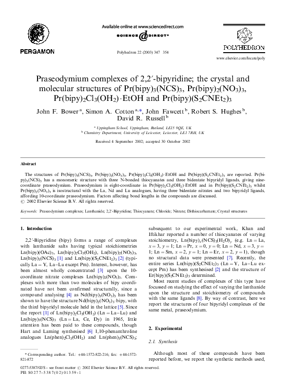 (PDF) Praseodymium complexes of 2,2′-bipyridine; the crystal and molecular structures of Pr(bipy ...