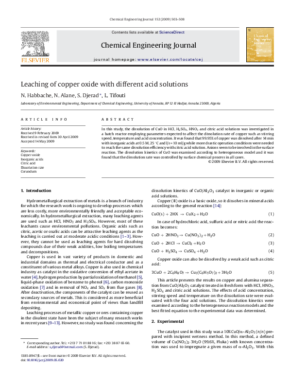 (PDF) Leaching of copper oxide with different acid solutions
