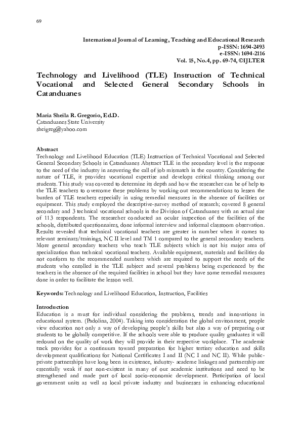 (PDF) Technology and Livelihood (TLE) Instruction of Technical ...