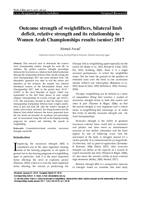 (PDF) Outcome strength of weightlifters, bilateral limb deficit ...