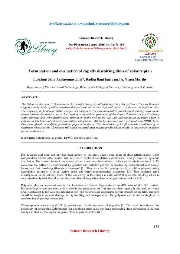 Pdf Formulation And Evaluation Of Rapidly Dissolving Films Of Zolmitriptan