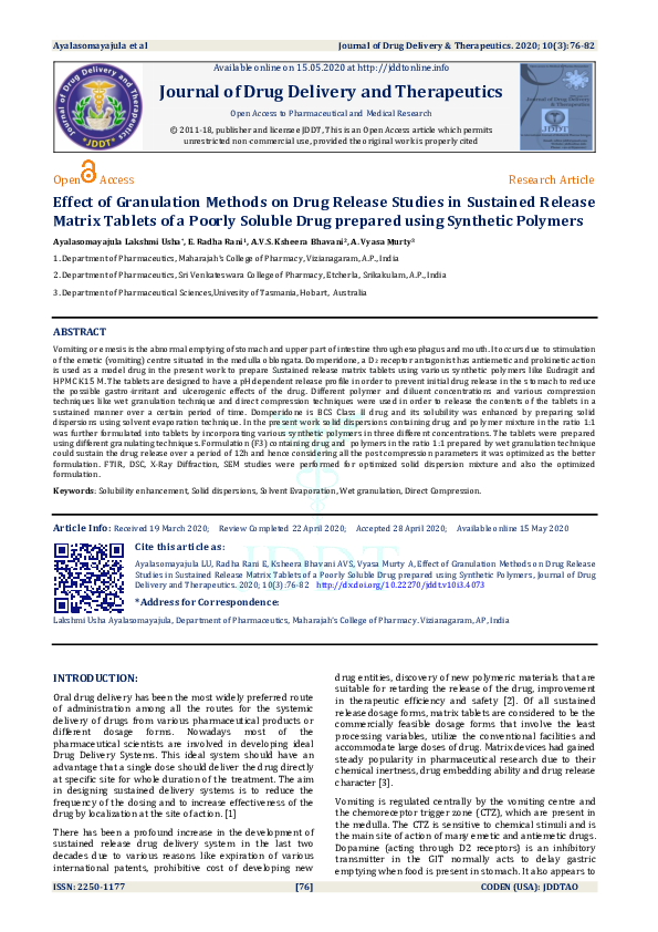 (PDF) Effect of Granulation Methods on Drug Release Studies in ...