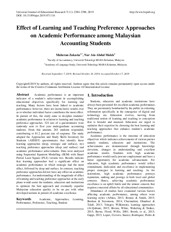 Pdf Effect Of Learning And Teaching Preference Approaches On Academic