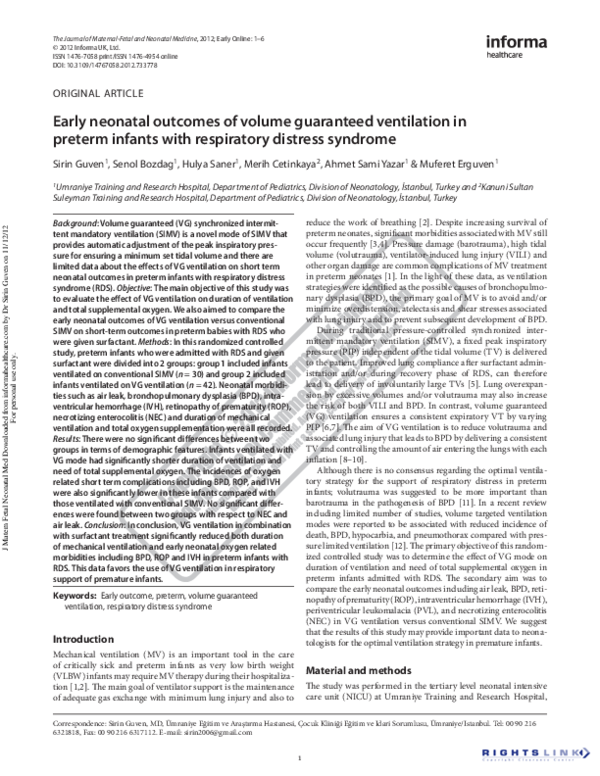 (PDF) Early neonatal outcomes of volume guaranteed ventilation in ...