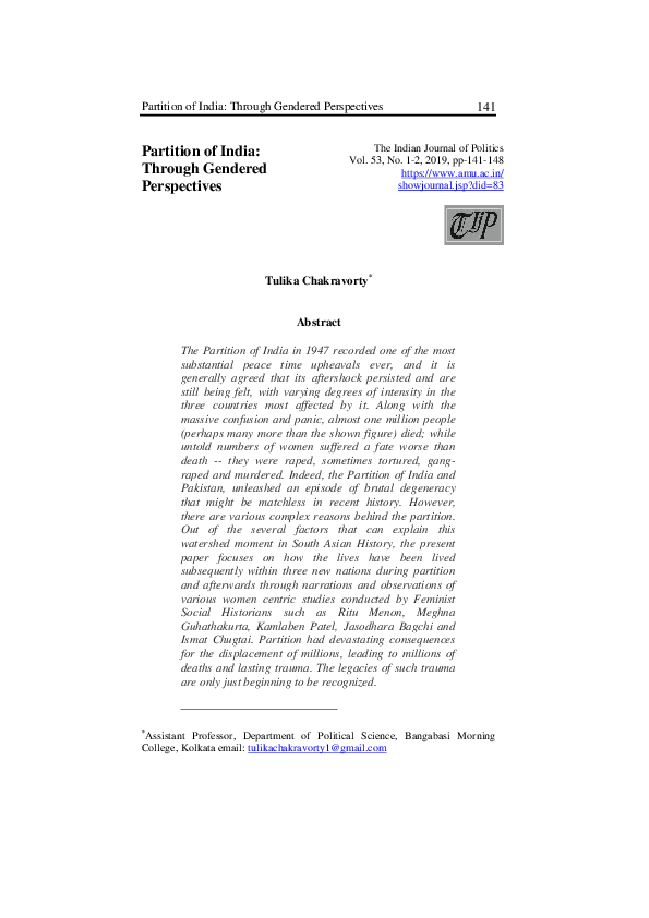 (PDF) Partition article revised | Dr. Tulika Chakravorty - Academia.edu