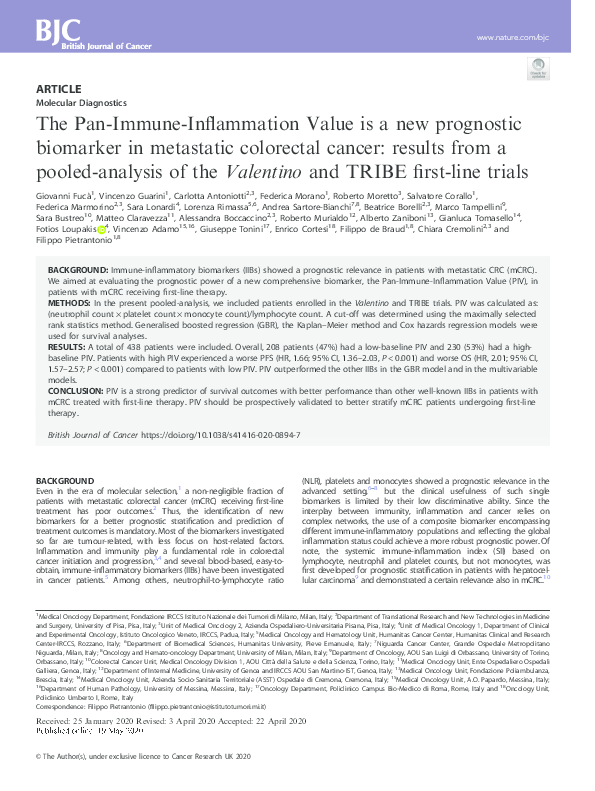 (PDF) The Pan-Immune Inflammation Value is a new prognostic biomarker in metastatic colorectal ...