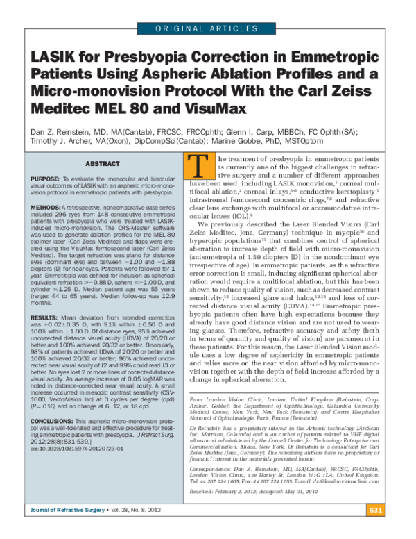 (PDF) LASIK for Presbyopia Correction in Emmetropic Patients Using ...