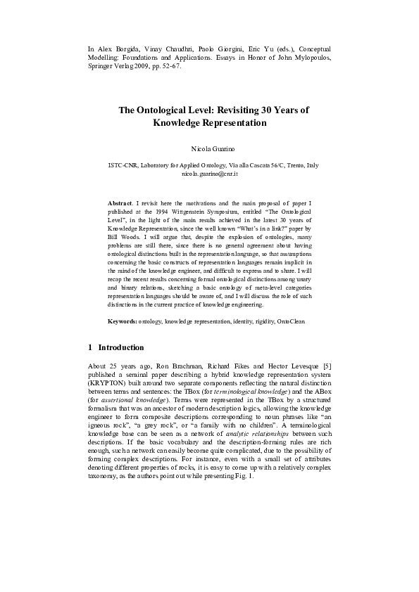 (PDF) The Ontological Level: Revisiting 30 Years of Knowledge Representation