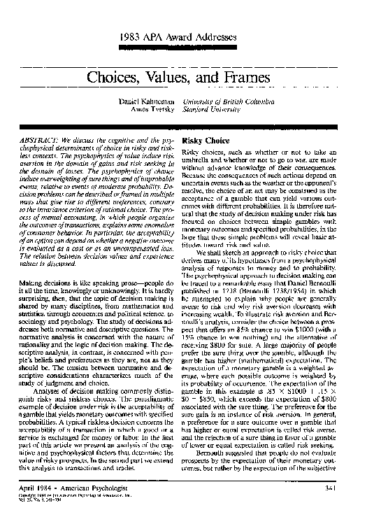 (PDF) Choices, Values, and Frames