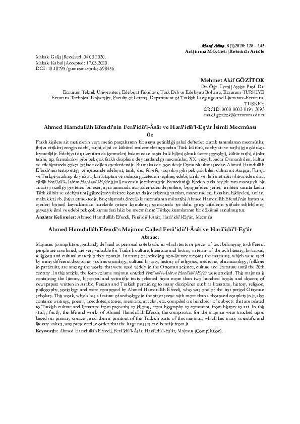 (PDF) Ahmed Hamdullâh Efendi'nin Ferâ'idü'l-Âsâr ve Harâ'idü'l-Eş'âr ...