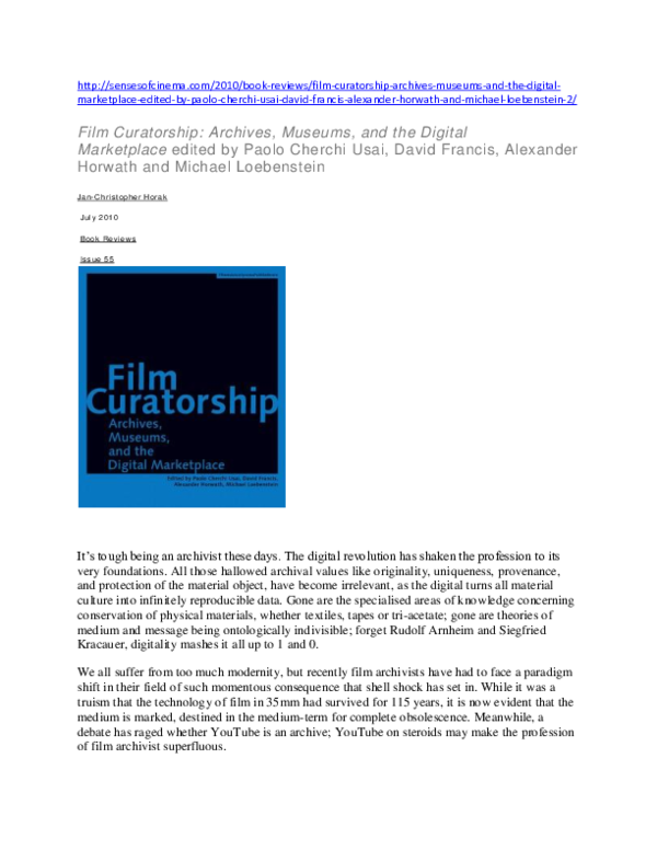 (PDF) Film Curatorship: Archives, Museums, and the Digital Marketplace