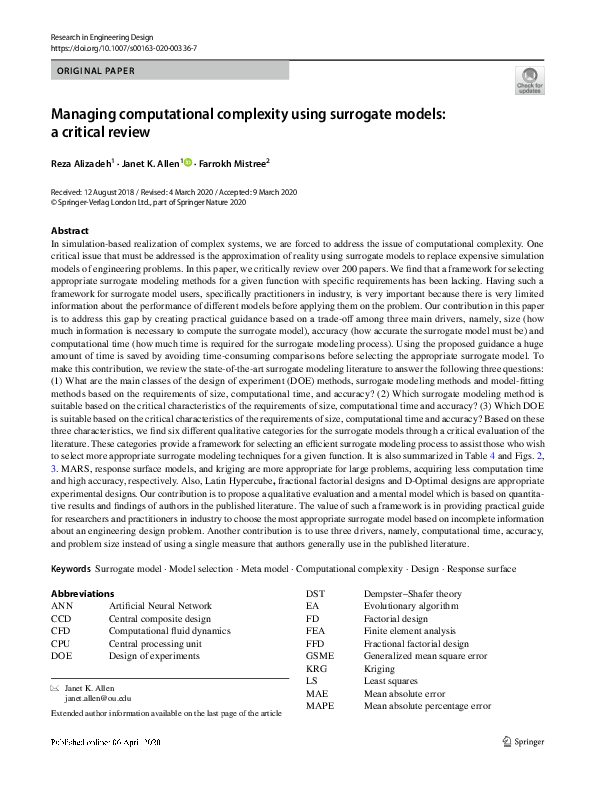 Pdf Managing Computational Complexity Using Surrogate Models A Critical Review