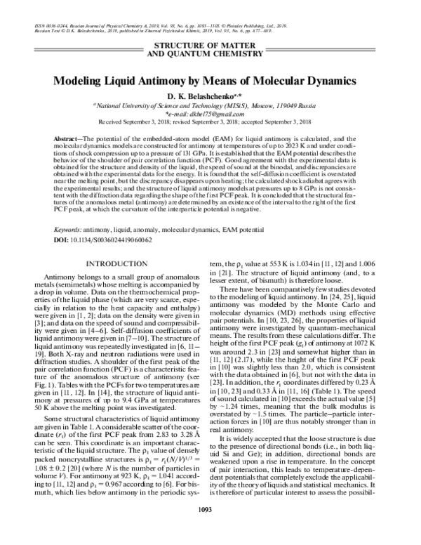 (PDF) Modeling Liquid Antimony by Means of Molecular Dynamics