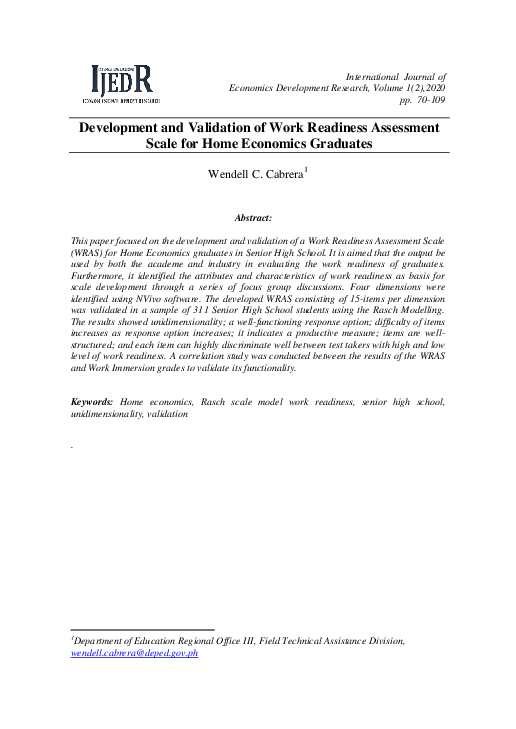 (PDF) Development and Validation of Work Readiness Assessment Scale for ...