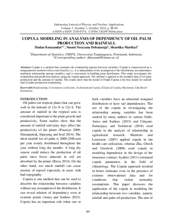 (PDF) COPULA MODELING IN ANALYSIS OF DEPENDENCY OF OIL PALM PRODUCTION AND RAINFALL