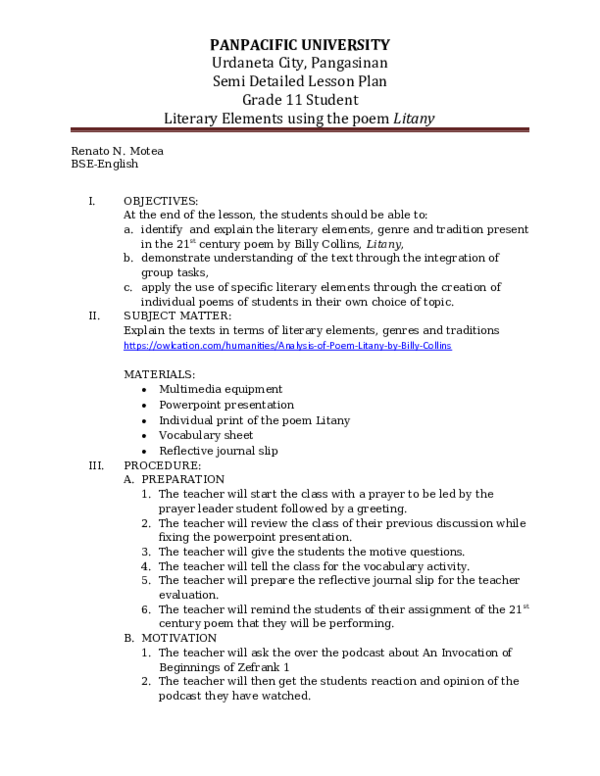 (DOC) Lesson plan Litany