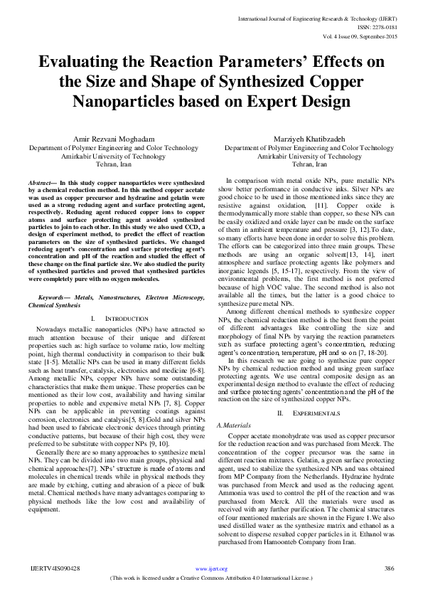 (PDF) IJERT-Evaluating the Reaction Parameters’ Effects on the Size and Shape of Synthesized ...