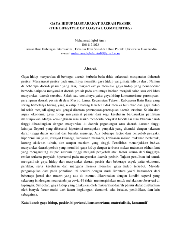 (PDF) Gaya Hidup Masyarakat Pesisir - Tugas Akhir WSBM (MUHAMMAD IQBAL AMIN E061191023)
