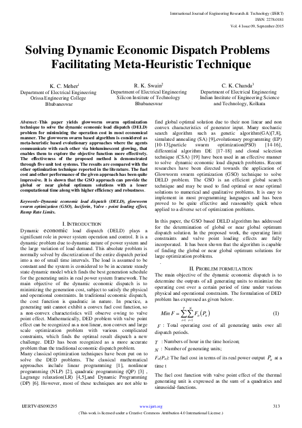 (PDF) IJERT-Solving Dynamic Economic Dispatch Problems Facilitating Meta-Heuristic Technique