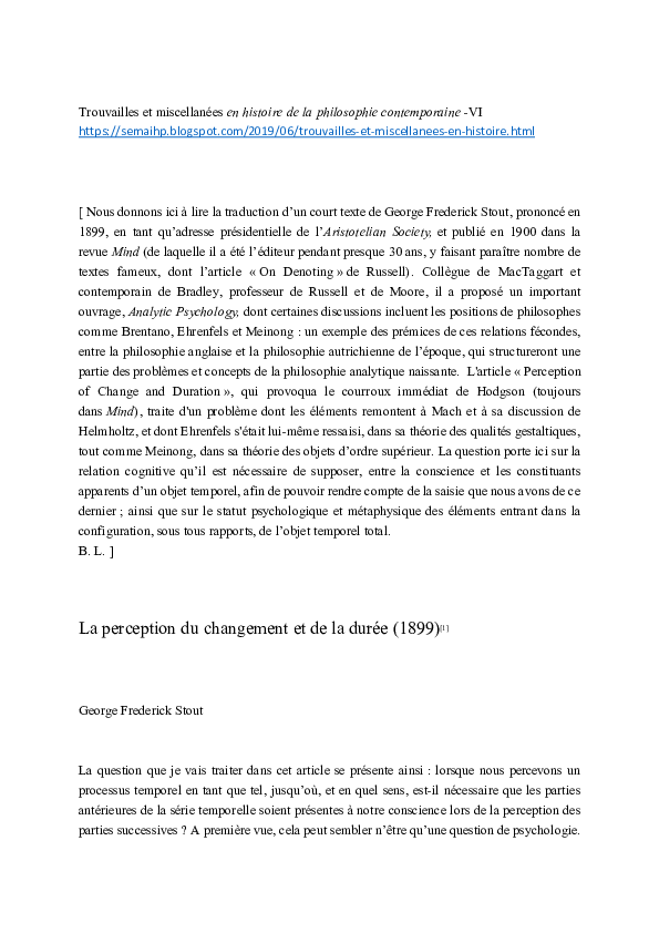 (PDF) Traduction. G.F. Stout La Perception du Changement et de la Durée