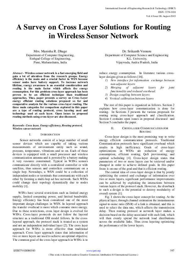 Pdf Ijert A Survey On Cross Layer Solutions For Routing In Wireless