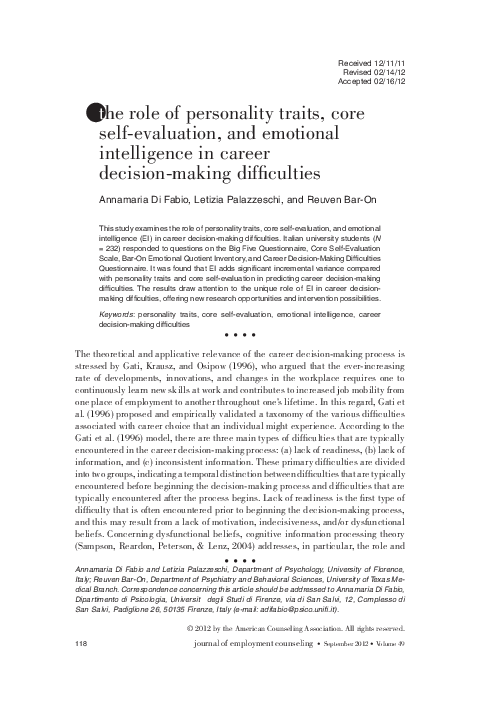 (PDF) The role of personality traits, core self-evaluation, and emotional intelligence in career ...