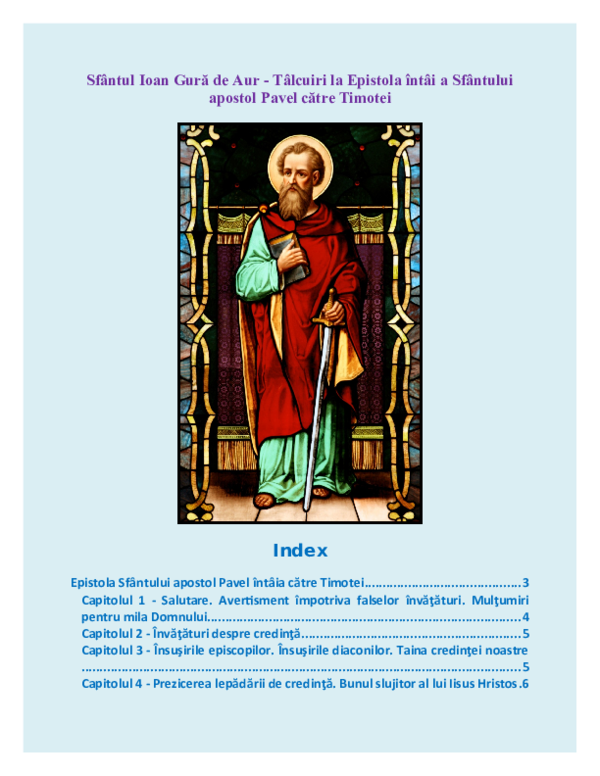 (DOC) Sfântul Ioan Gură de Aur - Tâlcuiri la Epistola întâi a Sfântului apostol Pavel către Timotei