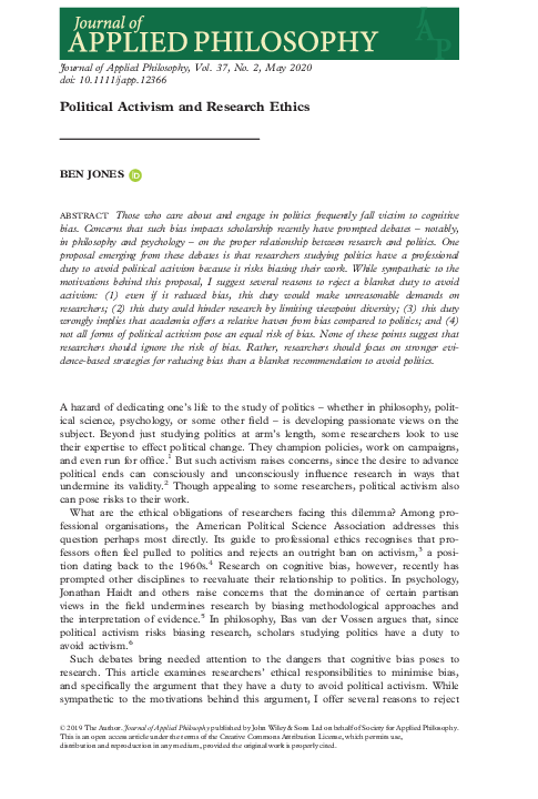 (PDF) Political Activism and Research Ethics (Journal of Applied ...