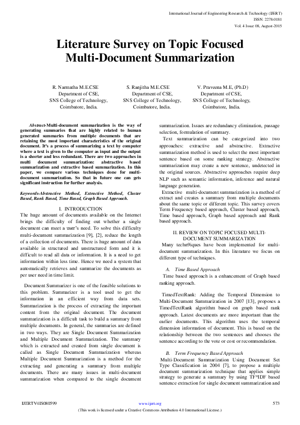 Pdf Ijert Literature Survey On Topic Focused Multi Document Summarization