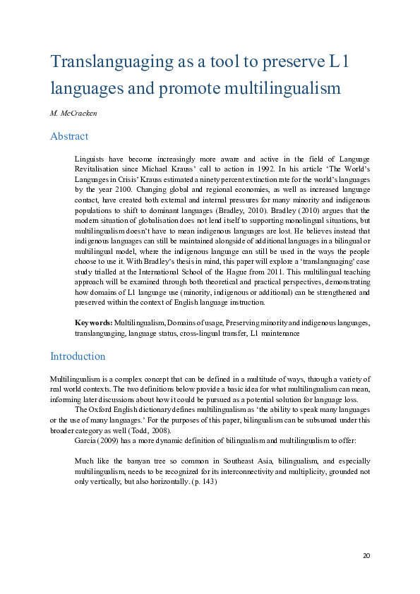 (PDF) Translanguaging as a tool to preserve L1 languages and promote ...
