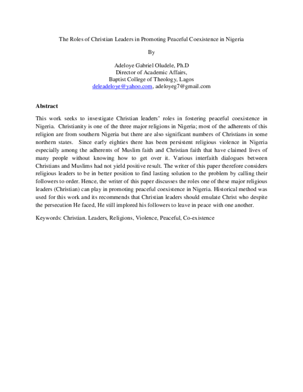 (PDF) The Roles of Christian Leaders in Promoting Peaceful Coexistence in Nigeria