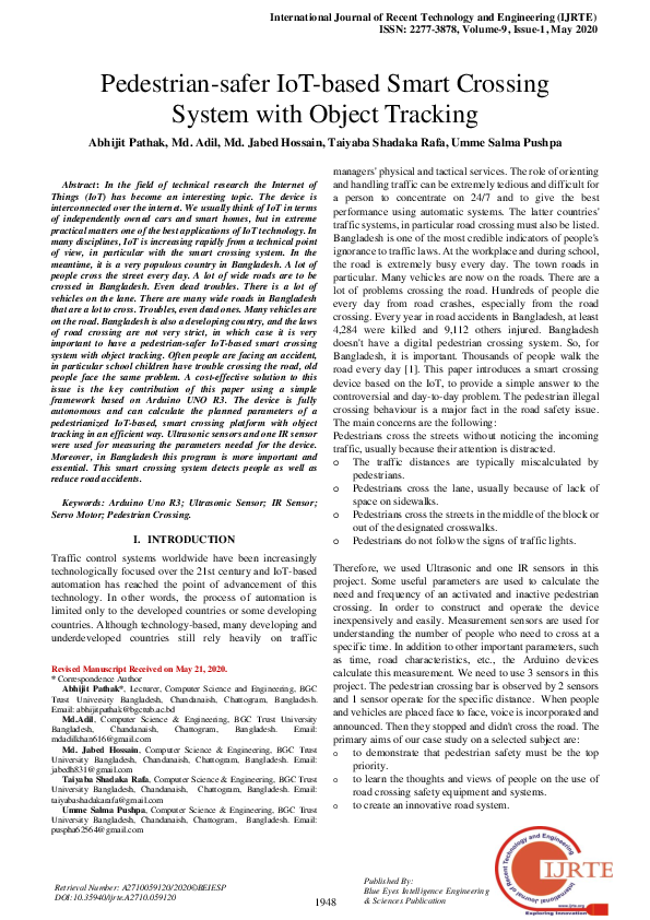 Pdf Pedestrian Safer Iot Based Smart Crossing System With Object Tracking