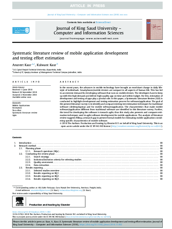 Pdf Systematic Literature Review Of Mobile Application Development And Testing Effort Estimation