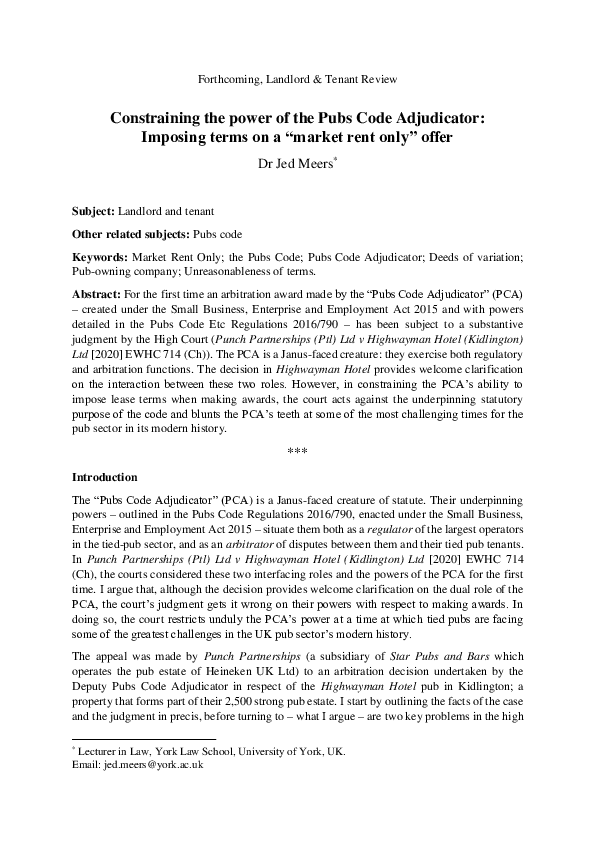 (PDF) Constraining the power of the Pubs Code Adjudicator: Imposing ...