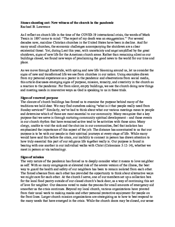(DOC) Stones shouting out: New witness of the church in the pandemic