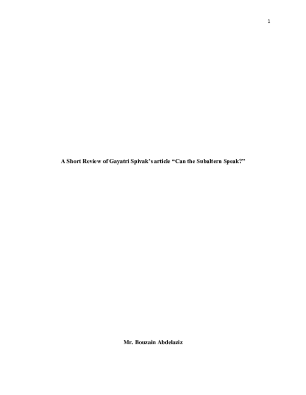 (PDF) A Discussion of Gayatri Spivak's Article "CAN THE SUBALTERN SPEAK?"