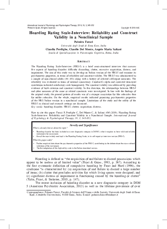 (PDF) Hoarding Rating Scale-Interview (HRS-I): Reliability and ...