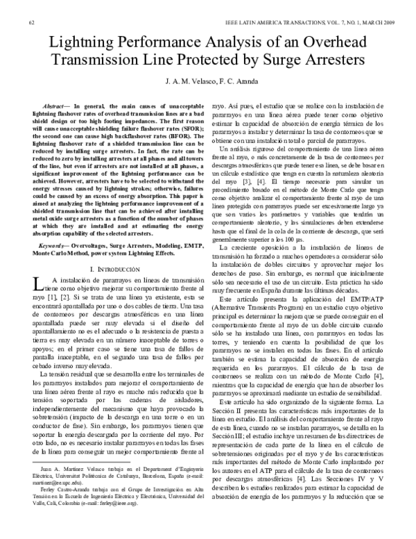 (PDF) Lightning Performance Analysis of an Overhead Transmission Line Protected by Surge Arresters