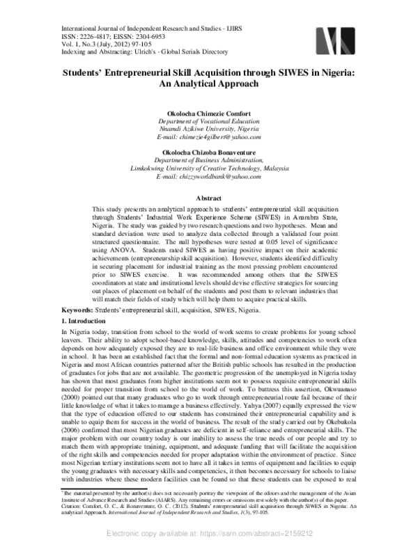 (PDF) Students' entrepreneurial skill acquisition through SIWES in ...