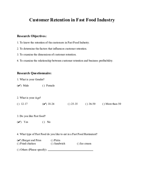 (DOC) Questionnaire Research on Customer Retention in Fast Food Industry