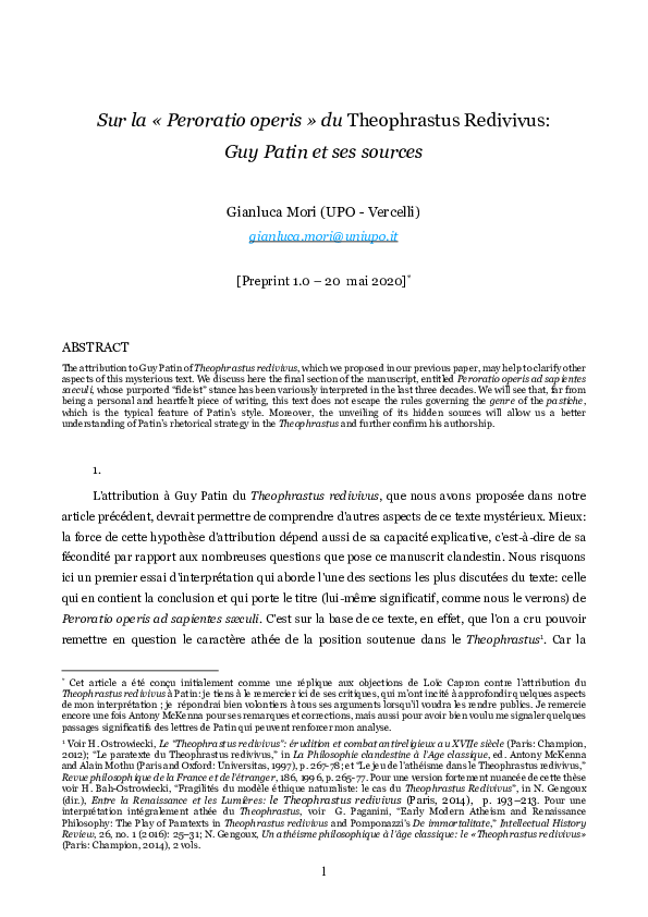 (PDF) Sur la « Peroratio operis » du Theophrastus Redivivus: Guy Patin ...