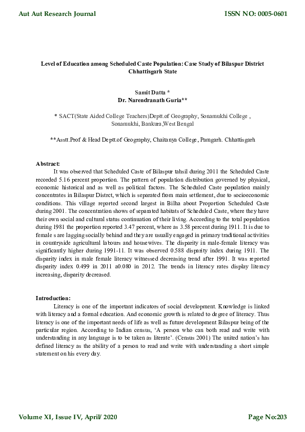 (PDF) Level of Education among Scheduled Caste Population: Case Study ...