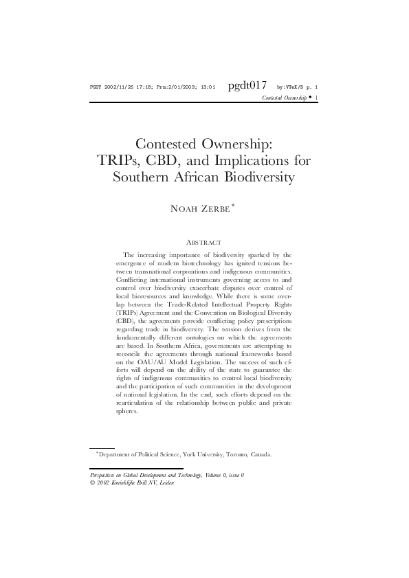 (PDF) Contested Ownership: TRIPs, CBD, and Implications for Southern ...