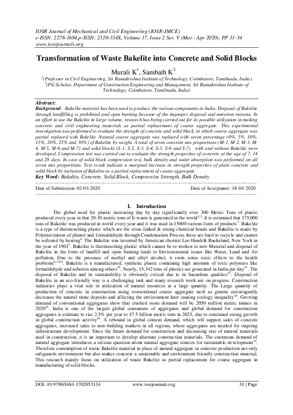 (PDF) Transformation of Waste Bakelite into Concrete and Solid Blocks