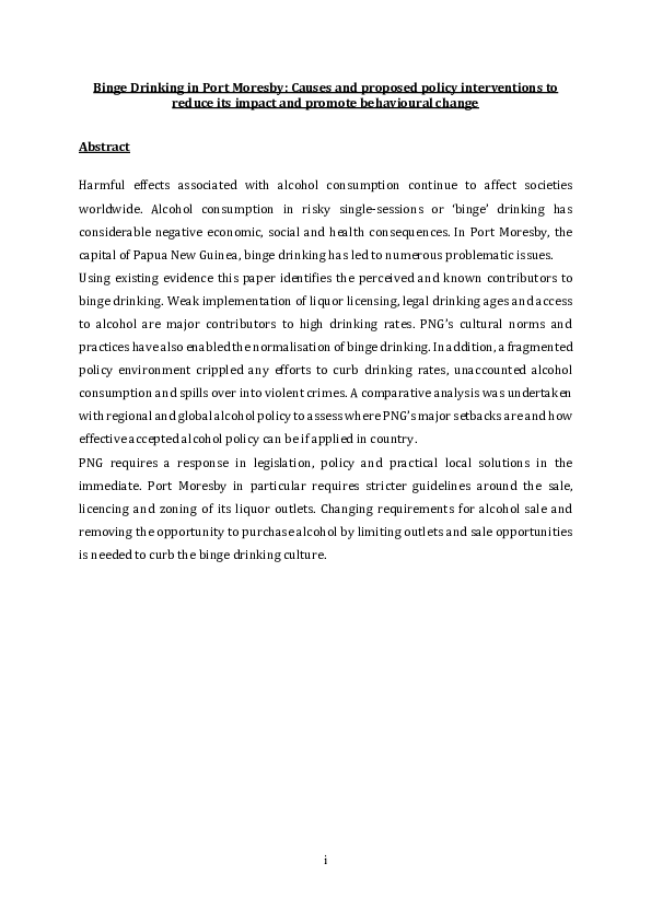 (PDF) Binge Drinking in Port Moresby - MPP Research Paper by Clement Dusava