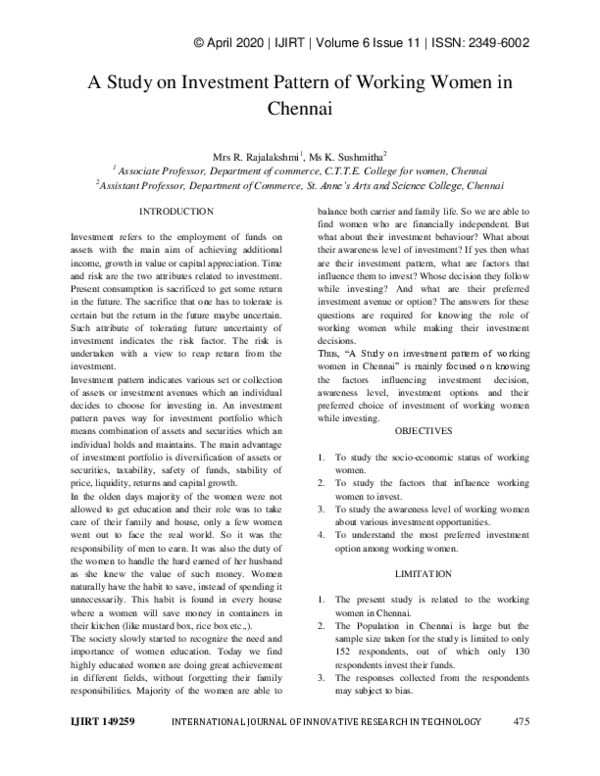 (PDF) A Study on Investment Pattern of Working Women in Chennai