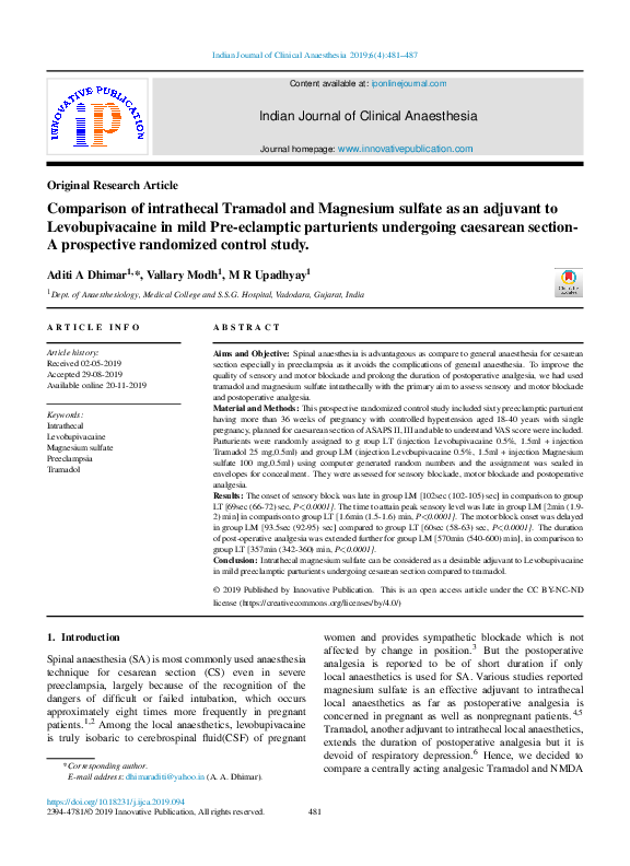 (PDF) Comparison of intrathecal Tramadol and Magnesium sulfate as an ...